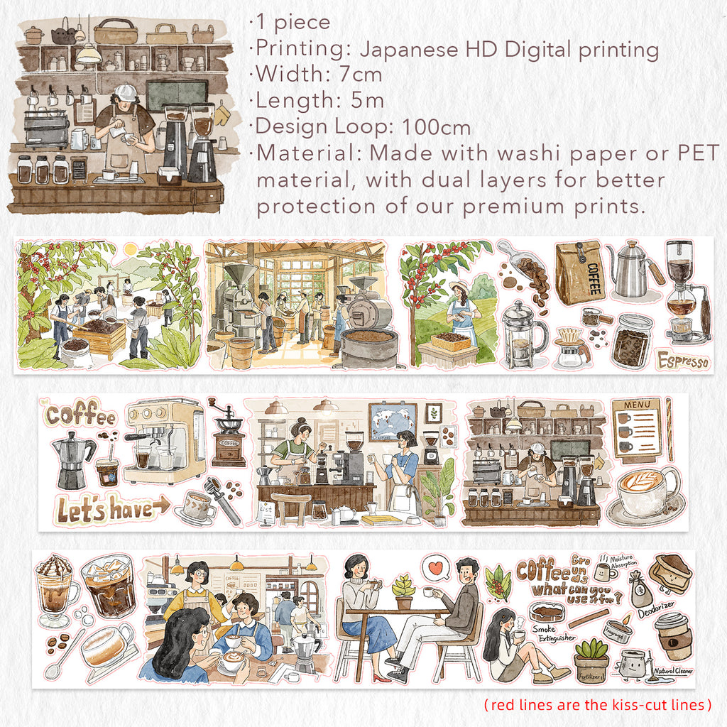 Pre-cut Life of Coffee Wide Washi/PET Tape | The Washi Tape Shop