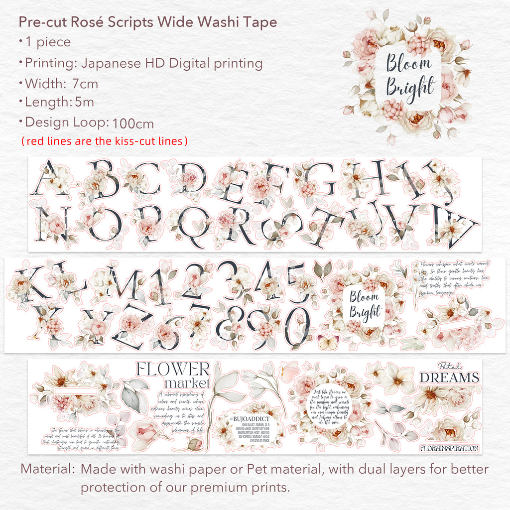 Pre-cut Rosé Scripts Wide Washi/PET Tape | The Washi Tape Shop