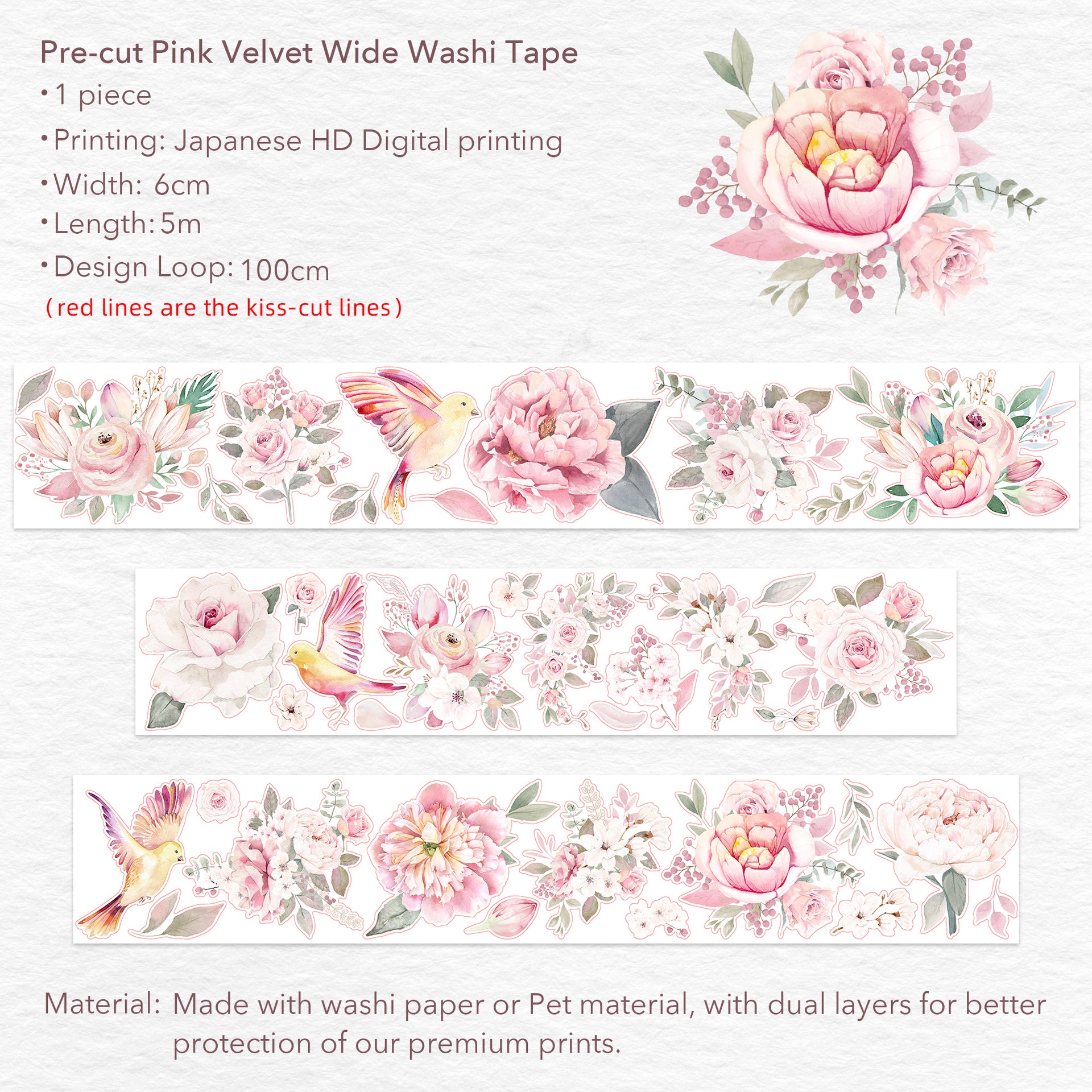 Pre-cut Pink Velvet Wide Washi/PET Tape | The Washi Tape Shop