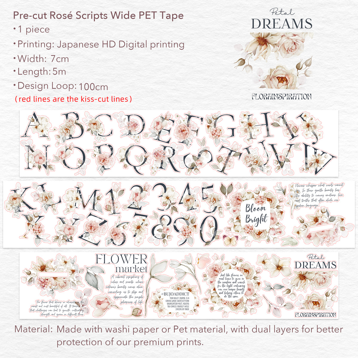 Pre-cut Rosé Scripts Wide Washi/PET Tape | The Washi Tape Shop